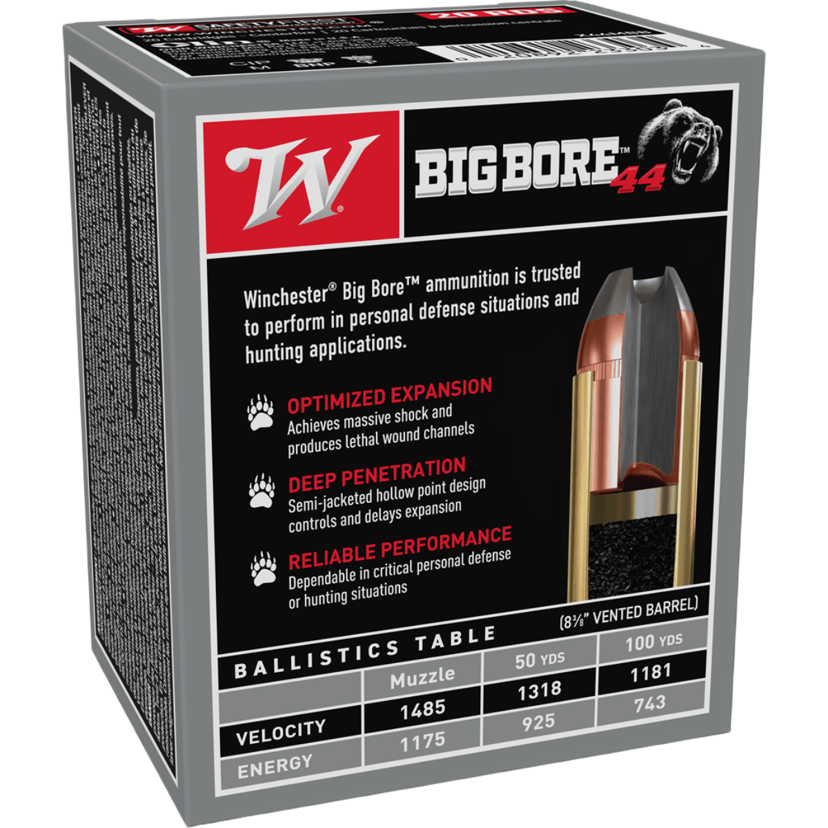 Winchester Ammo Big Bore 44 Magnum 240 Grain JSP Ammunition 20 Rounds ...